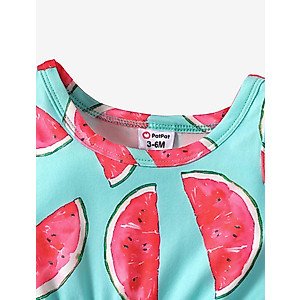 PATPAT Baby Girl Floral Romper Sleeveless Pompom Tassel Bodysuit Infant Jumpsuit Outfit Set with Headband 0-18 Months Watermelon 3-6 Months