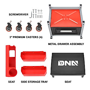 DNA Motoring TOOLS-00198 Adjustable Height Mechanics Roller Seat Creeper Stool With Padded Cushion, Tool Storage Drawer & Tray, 350 Lbs Max Weight Capacity