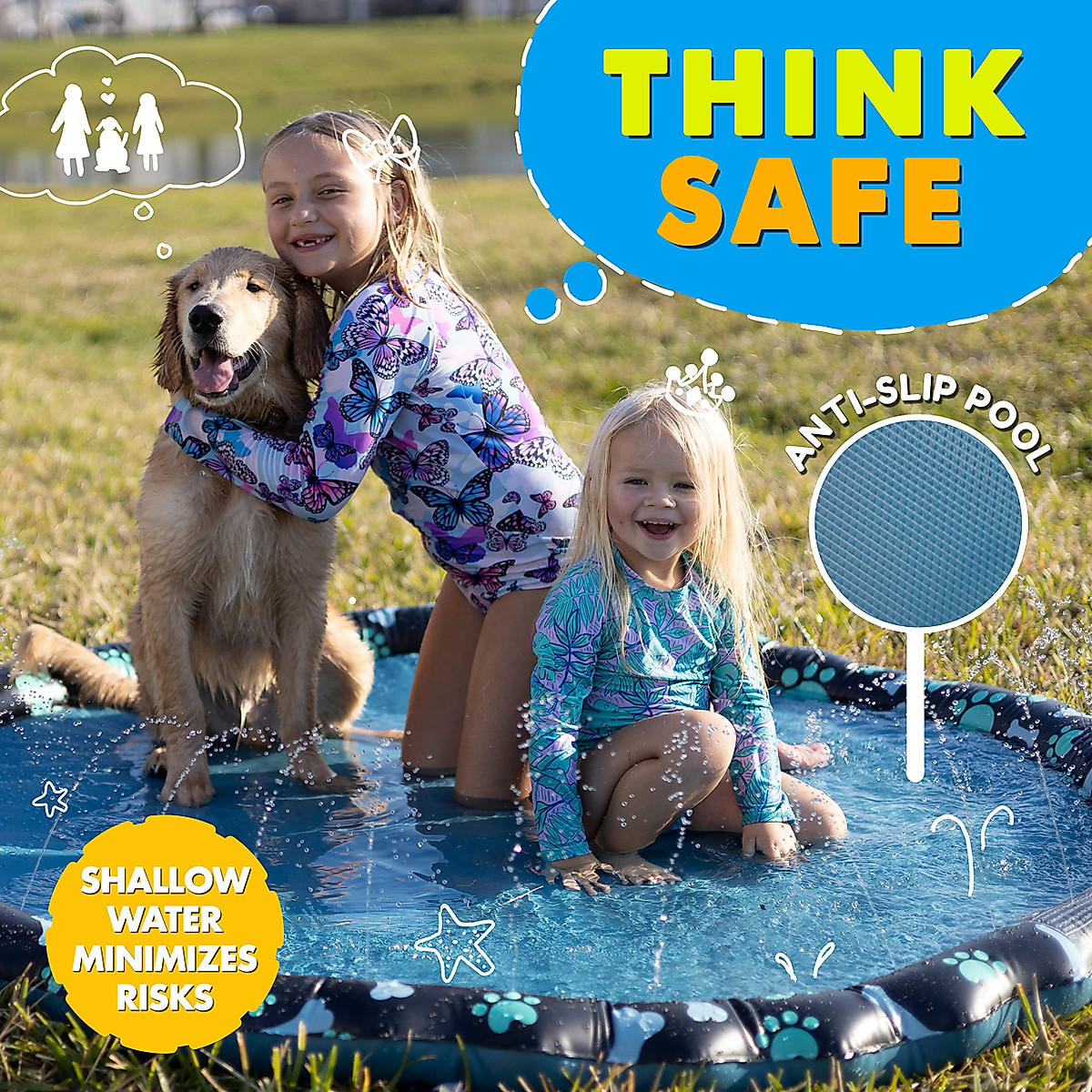 SplashEZ Non Slip Splash Pad for Kids and Dogs, 69’’ Extra Large Sprinkler Kids, Dog Water Summer Toys – Great Outdoor toys toddlers 1-3 ages 4-8 | Wading Pool Backyard