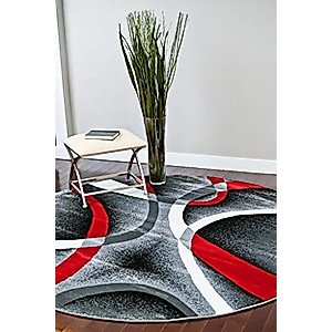 LUXE WEAVERS 2305 Gray Black Red White Swirls 6 feet 5 inch Diameter Modern Abstract Area Rug