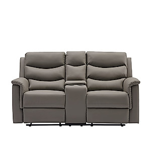 Eafurn Faxu Leather Love, Manual Double Reclining Loveseat Sofa, Home Theater Seating with Storage Console, Wall Hug RV Couch with Cup Holders for Living Room Furniture Sets, Grey