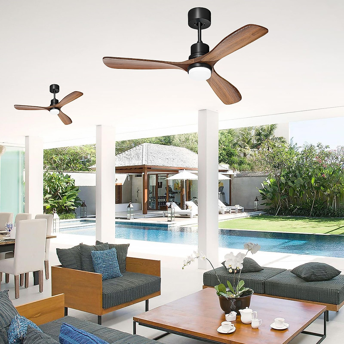 Obabala Ceiling Fans with Lights and Remote Indoor/Outdoor Ceiling Fan with 3 Walnut Wood Blades,42-inch,Matte Black