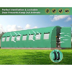 Papababe 26x10x7ft Large Walk-in Greenhouse for Outdoors with Watering System Upgraded Swing Door Tunnel Greenhouse kit, Heavy Duty Galvanized Steel Frame,Ground Pegs & Film Clips,16 Windows, Green