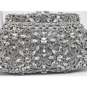 Boutique De FGG Women Silver Crown Minaudiere Evening Bags Flower Crystal Clutch Purses Wedding Clutch