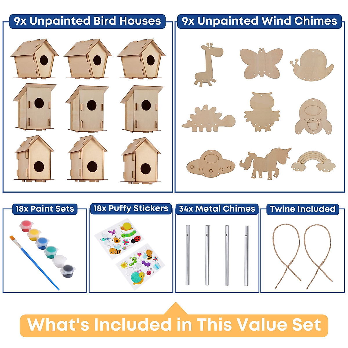9 Wooden Birdhouses & 9 Wind Chimes -Art & Crafts for Kids Ages 4 5 6 7 8 - Kids Bulk Arts and Crafts Set with Painting Kit -DIY Wood Bird House and Windchimes Kits for Boys Girls to Build & Paint