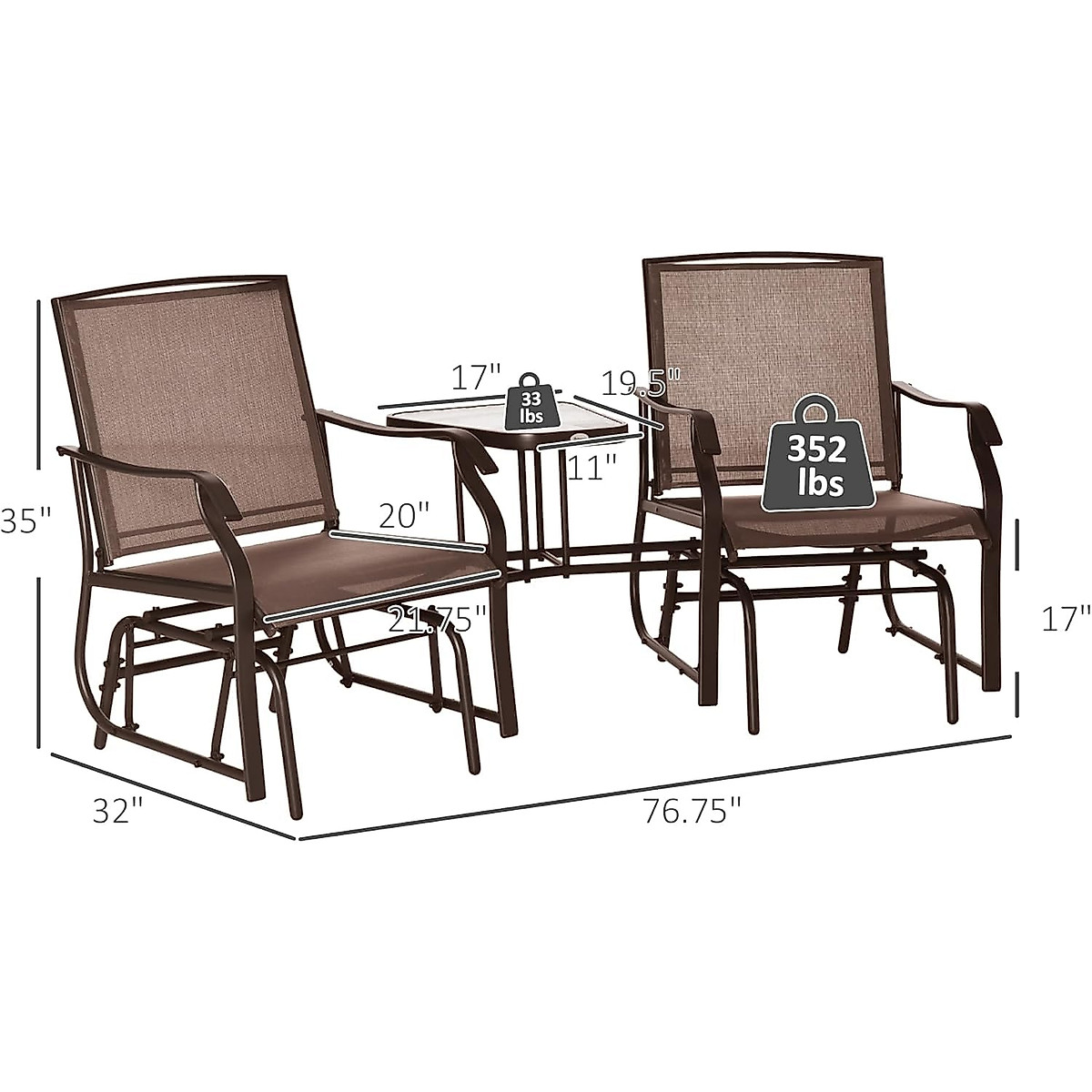 Outdoor Glider Bench&Chair, X&T 2 Person Patio Double Glider Rocker Chair with Metal Sliding Tracks, Patio Glider Swing Chair Loveseat with Sling Fabric and Center Table, for Porch Garden Lawn, Black