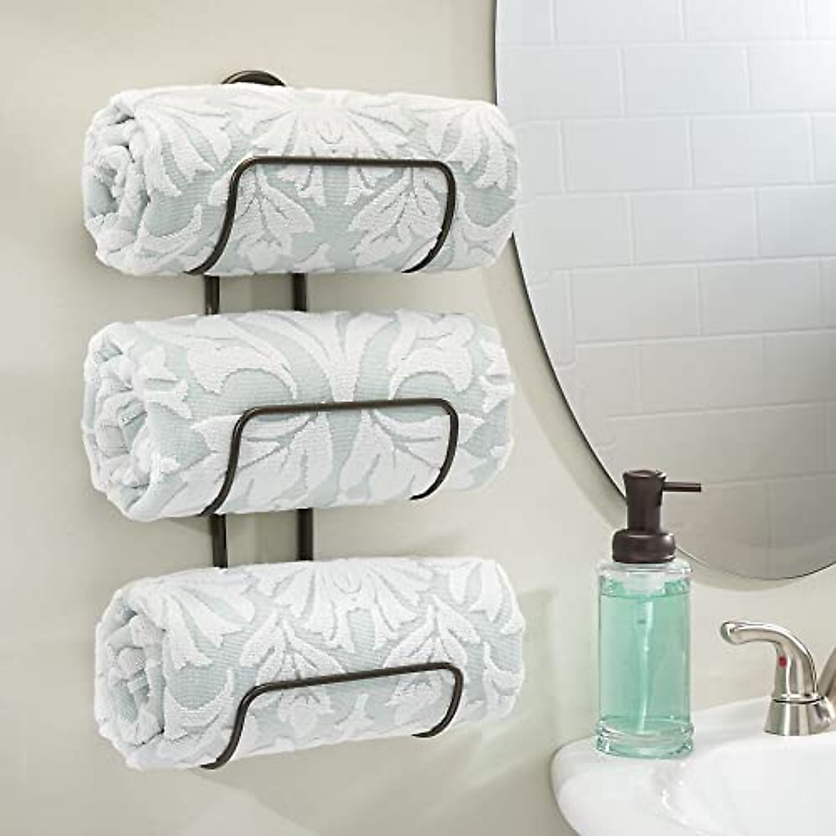 mDesign Modern Decorative Metal 3-Level Wall Mount Towel Rack Holder and Organizer for Storage of Bathroom Towels, Washcloths, Hand Towels - 2 Pack - Bronze
