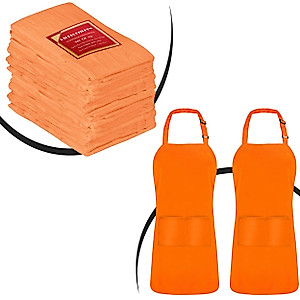 Bundle Set of Utopia Kitchen Flour Sack Tea Towels 12 Pack, 28" x 28" Ring Spun 100% Cotton Dish Cloths and Utopia Kitchen Unisex Adjustable Bib Apron with 2 Pockets Orange