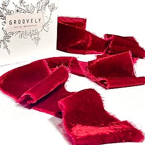 Groovely Red Velvet Ribbon for Christmas Tree, Vintage Velvet Christmas Ribbon for Gift Wrapping, Velvet Bows for Christmas Tree, Frayed Velvet Ribbon 2 inch x 3 yards