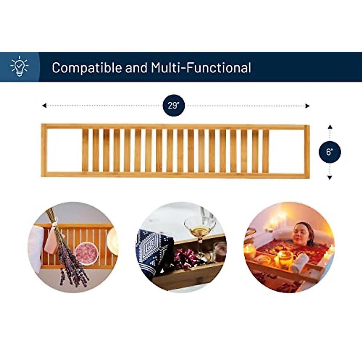 RoyalHouse Bamboo Bath Caddy Tray for Bathtub, Bath Table Tray with Book and Wine Glass Holder, Attractive Design, Suitable for Luxury Spa or Reading, Ideal Gift for Family & Friends