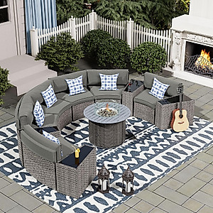 UDPATIO Patio Furniture Set with Fire Pit Table,Integrated Outdoor Sectional 11 Pieces Rattan Modular Curved Sofa Set with Propane Fire Pit,Wicker Side Table,6 Pillows,Fit for Backyard,Poolside(Grey)