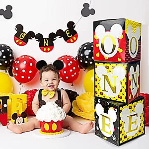 Cracoo Micky 1st Birthday Party Supplies Decorations- 3 Black Yellow Mouse Blocks with ONE Letter Party Decorations, Baby Shower Party Favor for Boys Girls Kids Babies(Balloons NOT Include)