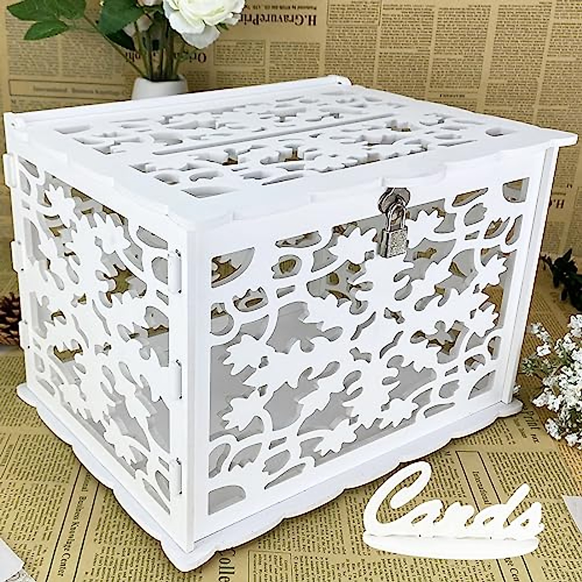 FCDECOR 12" Wedding Card Box with Lock, White Gift Wedding Card Boxes for Reception Money Holder with Card Sign for Wedding Decorations, Baby Showers, Birthdays, Bridal or Graduation Party Supplies