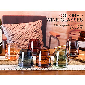 comfit Stemless Colored Wine Glasses Set of 6-15oz Colorful Wine Glasses,Perfect Red Wine Glass Stemware for Wine Lover in Mothers Day Gifts,Party