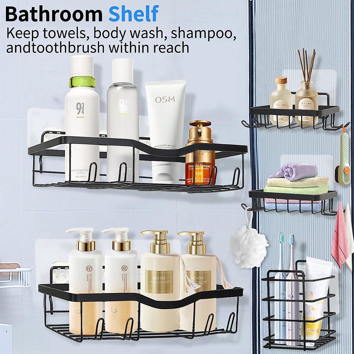 BLINGTWINKLE Shower Caddy Shelf, 5 Pack Adhesive Shower Organizer Bathroom Shelves Basket, No Drilling Rustproof Storage Organizer Rack with Hooks,Soap Caddy & Toothbrush Holder for Kitchen