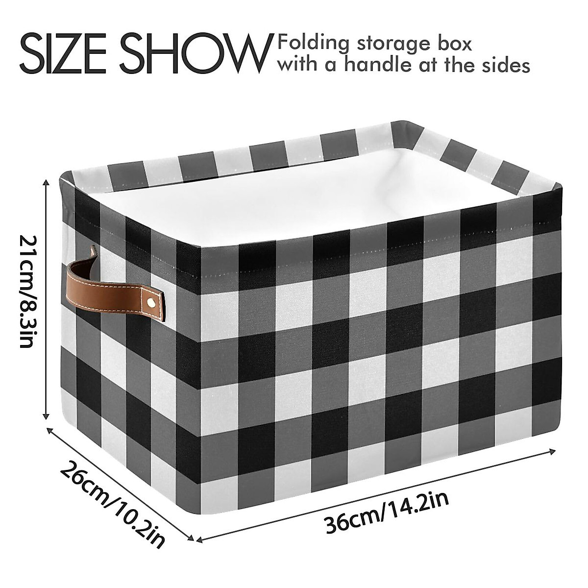 Black White Buffalo Plaid Storage Basket Collapsible Storage Bins Cubes Box Clothes Hamper Toy Chest Fabric Gift Baskets for Shelves Office Home Nursery Shoes with Leather Handles