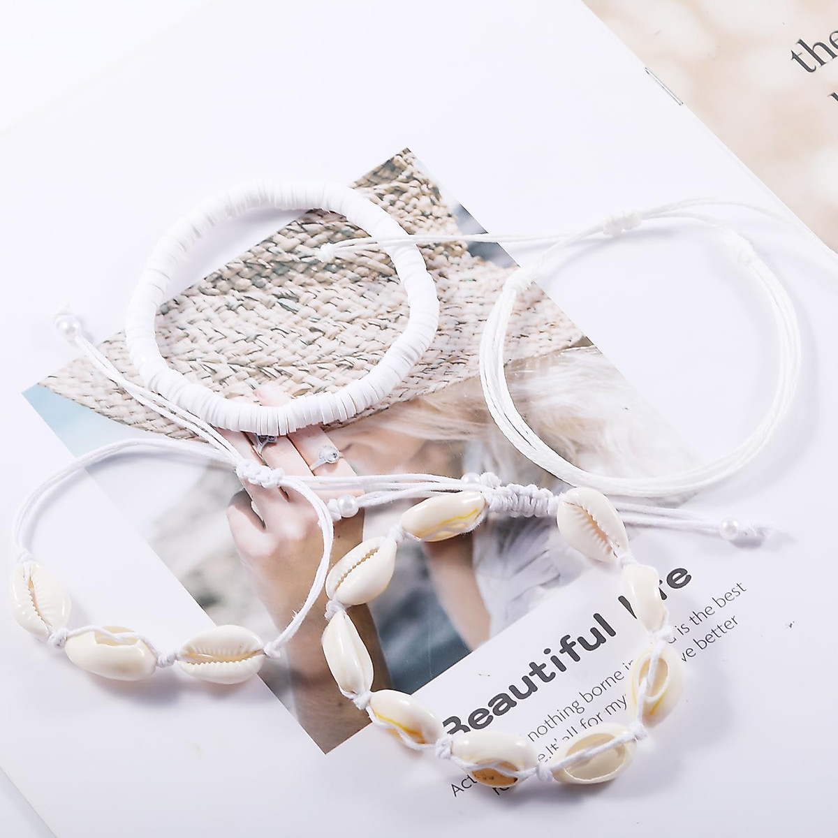 PIPITREE 12Pcs Beach Surfer Wave Bracelets for women, Adjustable Handmade Waterproof Braided String Beaded Anklets Starfish Shell Ankle Bracelet for Women Boho Summer White Bracelet Set