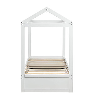 Twin Size House Bed with Trundle, Wooden Daybed for Toddlers, Teens, Girls, Boys, Kids House Bed Frame Can Be Decorated (White)