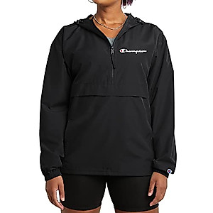 Champion Windbreaker, Packable, Wind and Water-Resistant Jacket for Women, Black Small Script, Medium