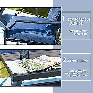 LOKATSE HOME 4 Pieces Outdoor Conversation Furniture Bistro Metal Seating Patio Armchairs Loveseat Set with Cushion & Coffee Table, 4 pcs Chair, Blue