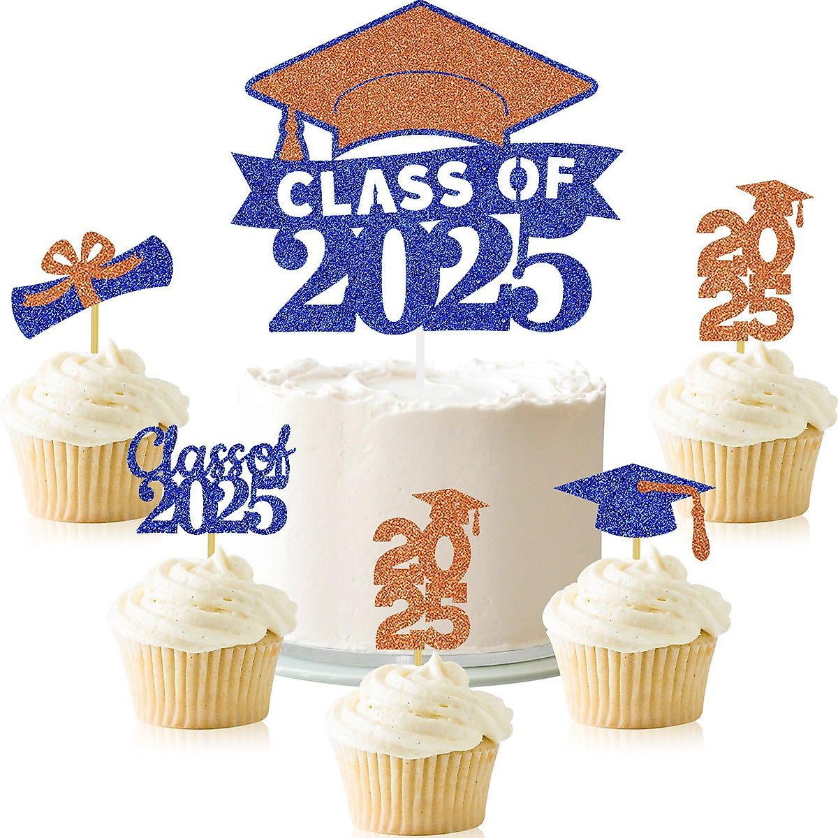 Graduation Cake Topper Congrats Grad Cupcake Toppers Kindergarten High School College University Glitter Decoration Blue Orange