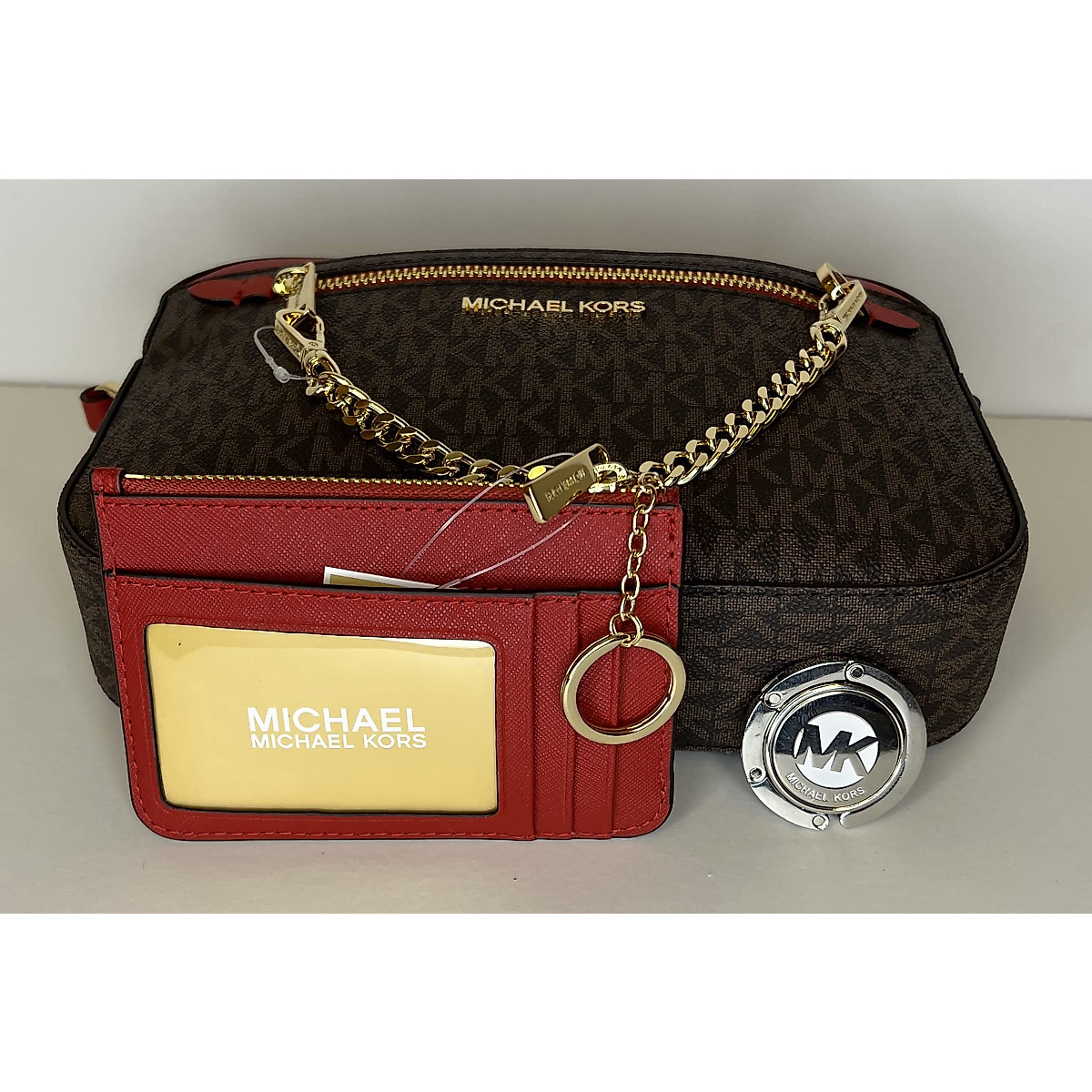 Michael Kors Jet Set Large Chain Crossbody Bag bundled with with SM TZ Coinpouch Wallet and Purse Hook (Signature MK Brown/Flame)