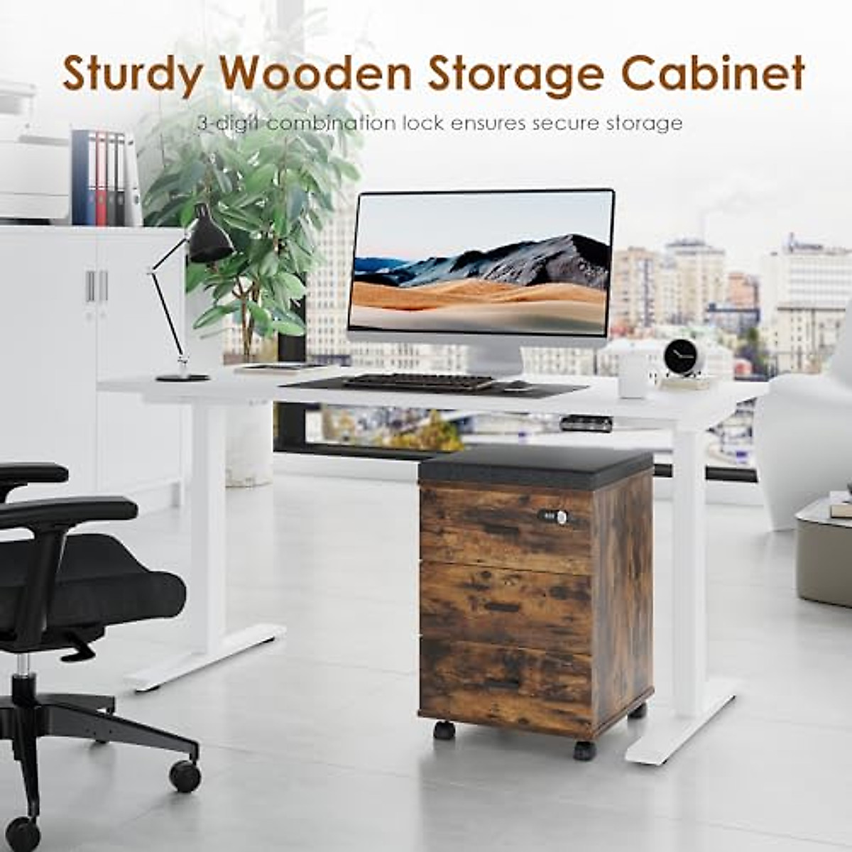 Soohow 3 Mobile Smart Lock Small Rolling Desk Unit Storage Drawers Black Filing Cabinet for Home Office Business, Brown