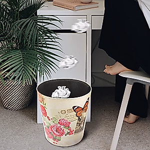 Zerodeko Small Waste Basket Leather Trash Can Wastebasket Waste Paper Bin Vintage Butterfly Flower Pattern Waste Bucket Garbage Can for Home Office Studio Bathroom Bedroom 10L Waste Paper Basket
