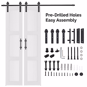 VINGLI 36in x 84in Glass Barn Door with 6.6ft Sliding Barn Door Hardware Kit &Handles, Pre-Drilled Holes Easy Assembly Solid Wood Slab White Sliding Door (Double 18"x84" Doors + 6.6' Track Kit)