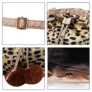 Van Caro Women’s Faux Fur Drawstring Bucket Bag Shoulder Crossbody Bag, Leopard Brown