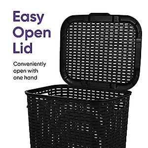 Plastic Laundry Hamper with Lid Laundry Hamper Basket, Black Tall Cloths Hamper Organizer with Cut-out Handles. Space Saving for Laundry Room Bedroom Bathroom, Wicker Design 60 Liter