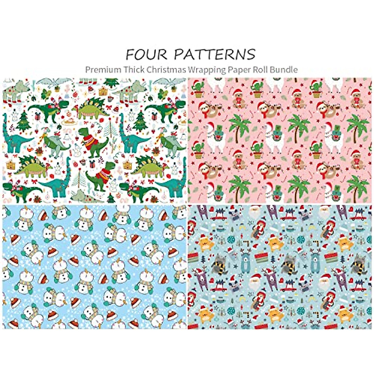 AUCLAY Christmas Wrapping Paper Rolls for Kids Holiday Gift Wrap - Cute Styles Included Dinosaur, Snowman, Santa Animals, Alpaca and Sloth - Pack of 4, 23.6 Inch X 8 Feet per Roll