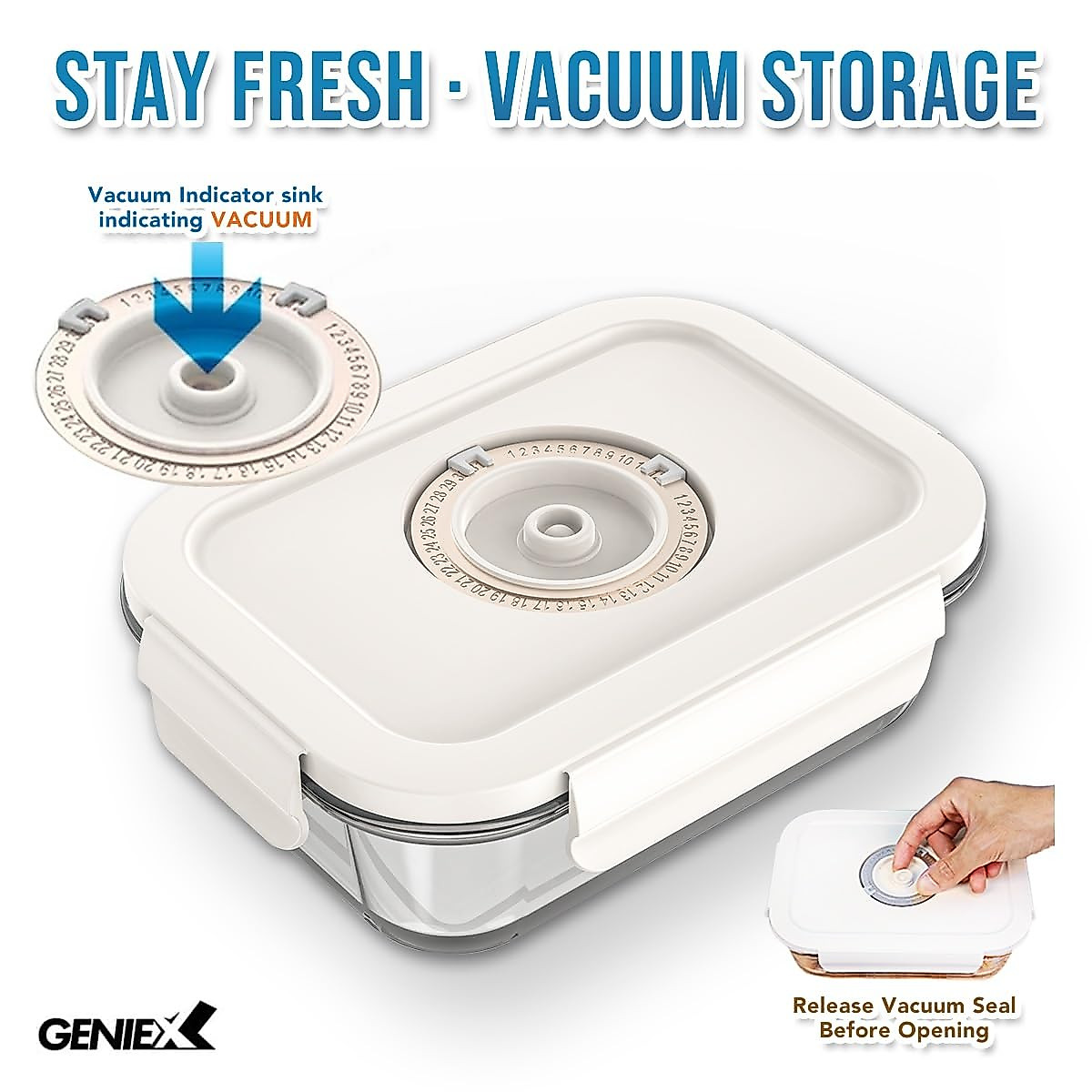 GENIEX Vacuum Containers for Food Storage, Glass Vacuum Seal Containers Set of 3, Food Saver Containers for Vacuum Seal, Easy Clean Marinade container (Rectangular-Glass-3pc | Sealer sold separately)
