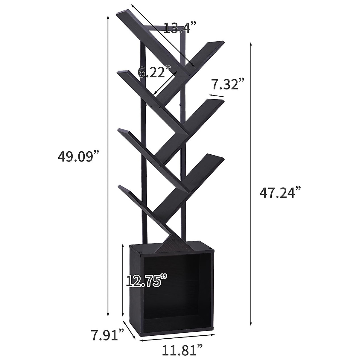 YSVCO 7 Tier Tree Bookshelf, Tall Narrow Wood Book Shelf, Freestanding Bookcase with Storage Cabinet, Floor Standing Display Storage Shelf for CD/Book, Living Room, Home Office Black BS36BS