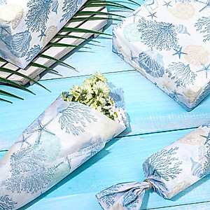 Whaline 100 Sheets Ocean Tissue Paper Sea Shell Starfish Gift Wrapping Paper Coastal Beach DIY Art Craft Tissue Paper for Summer Wedding Birthday Baby Shower Supplies, 13.7 x 19.6 Inch