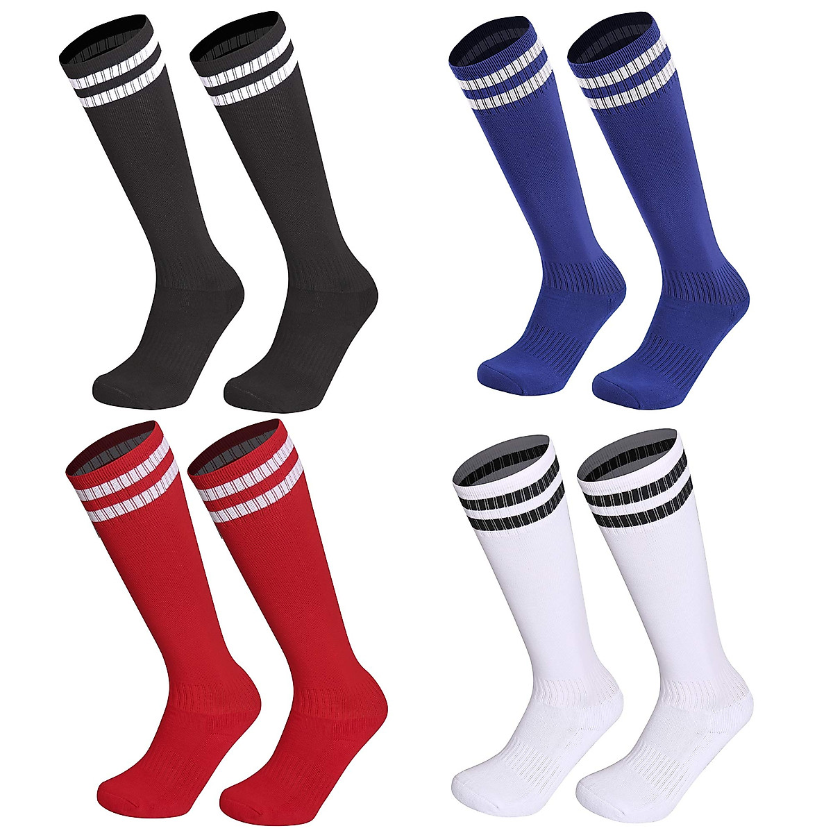 Disile Kids Youth Soccer Socks, 4 Pack Knee High Striped Tube Athletic Socks For 6-8 Years Old Boys & Girls