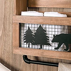 Synovana Cabin Style Hanging Towel Rack with Bar Farmhouse Wooden Floating Shelf Bear Wall Decor Rustic Wall Mounted Storage Towel Rack for Bathroom Kitchen Living Room Home Decor