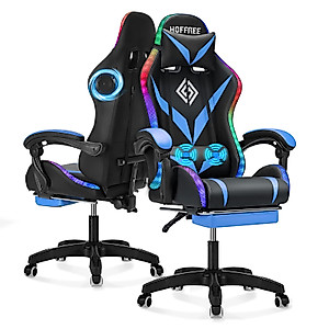 Gaming Chair with Bluetooth Speakers and RGB LED Lights Ergonomic Massage Computer Gaming Chair with Footrest Video Game Chair High Back with Lumbar Support Blue and Black