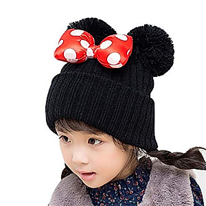 Toddler Girls Winter Beanie Hats with Pom Poms Warm Knit Baby Cap with Cute Mouse Ears Bowknot Black
