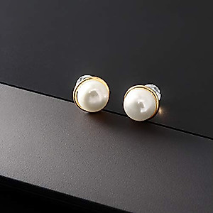 Gem Stone King 14K Yellow Gold 8MM White Button Shape Cultured Freshwater Pearl Stud Earrings For Women