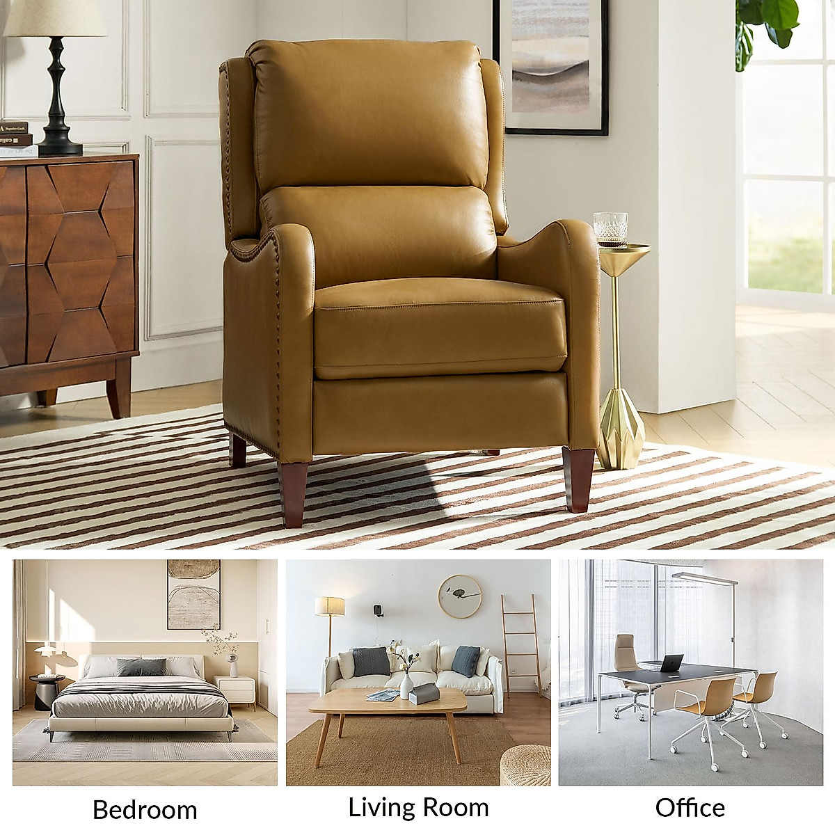 HULALA HOME Leather Recliner Chair Set of 2, Modern Push Back Recliner Armchair with Adjustable Backrest & Footrest,Comfy Upholstered Lazyboy Single Sofa for Home Theater Bedroom Living Room, Camel