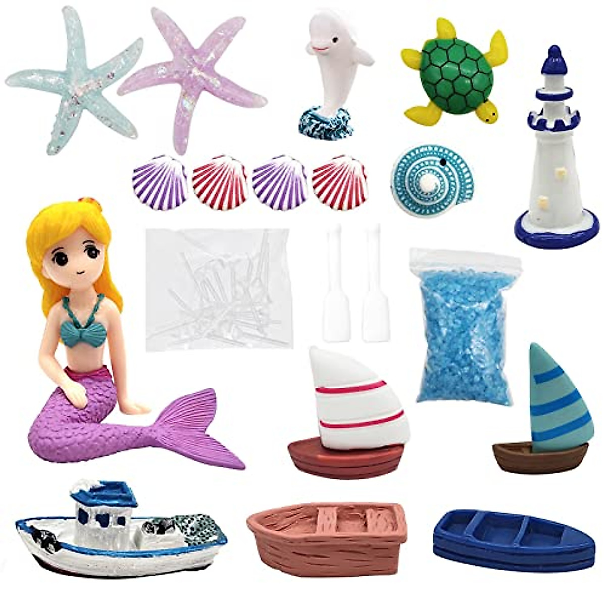 21 Pieces Fairy Garden Accessories, Blue Sand and Miniature Mermaid Dolphin Boat Steamship Figurines Decorations, Micro Beach Ocean Seaside Scene DIY Decor Kit