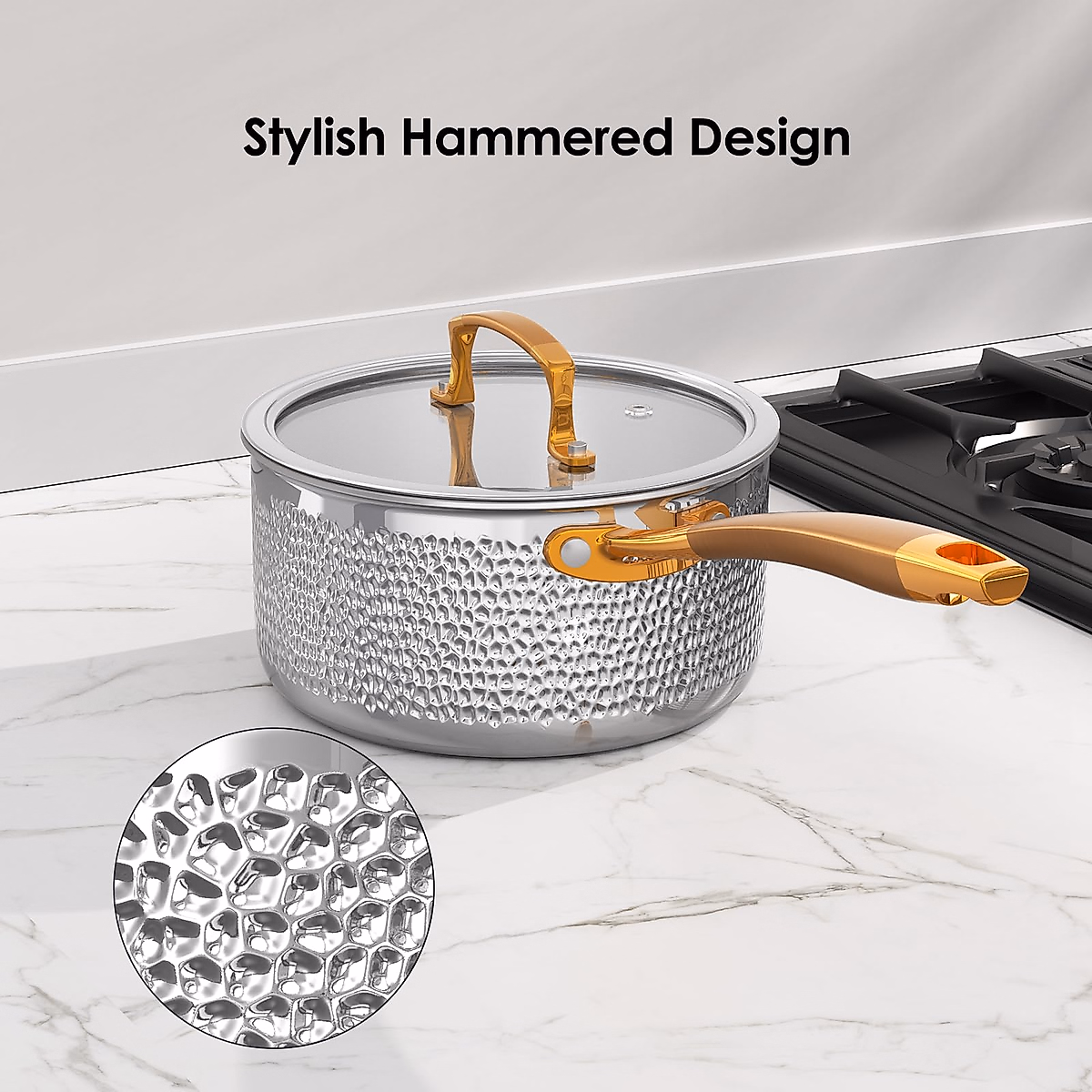 Homaz life 3-Quart Saucepan with Tempered Glass Lid, Tri-Ply Stainless Steel Cookware, Induction Ready, Compatible with All Cooktops, Dishwasher Safe, Non-Toxic, Gold-Colored Stay-Cool Handle