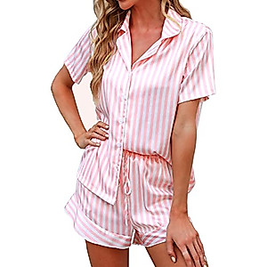 OUSIEDISIE Women's Striped Silky Satin Pajamas 2-Piece Sleepwear Loungewear Button Down Short Sleeve PJ Set Pink XXL