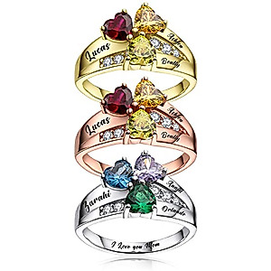 ORFAN Personalized Mothers Rings with 3 Simulated Birthstones and Names Sterling Silver Family Name Ring for Women Custom Anniversary Rings Christmas Gift for Mother Grandmother (Silver)