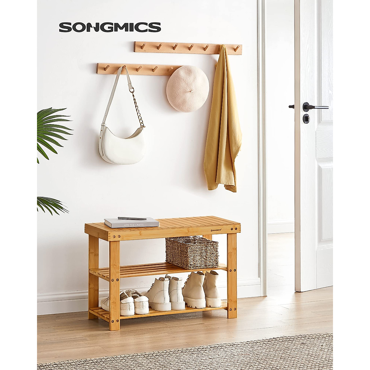SONGMICS Shoe Rack Bench, 3-Tier Bamboo Shoe Storage Organizer, Entryway Bench, Holds Up to 286 lb, 11.3 x 27.6 x 17.8 Inches, for Entryway Bathroom Bedroom, Natural ULBS04N