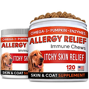 Glucosamine Treats + Allergy Relief Dog Bundle - Joint Supplement w/Omega-3 Fish Oil + Itchy Skin Relief - Chondroitin, MSM + Pumpkin + Enzymes + Turmeric - Skin & Coat - 120+240 Chews - Made in USA