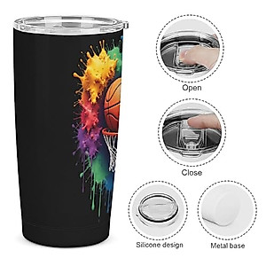 Colorful Basketball Splash 20 OZ Stainless Steel Tumbler Travel Car Coffee Mug with Straw Lid Cleaning Brush Coffee Tumbler Mug for Women Men