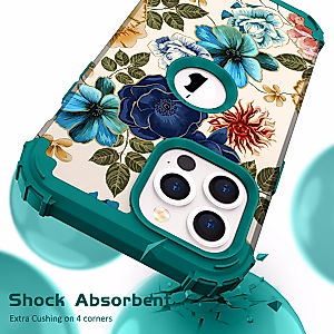 Hocase for iPhone 13 Pro Max Case, Heavy Duty Shockproof Protection Soft Silicone Rubber Bumper+Hard Plastic Hybrid Protective Case for iPhone 13 Pro Max (6.7") 2021 - Teal Flowers