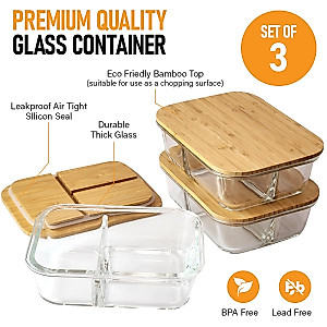 3-Compartment Glass Food Storage Containers with Lids for Lunch Storage, Glass Bento Box Set with Airtight Bamboo Lids - Great Mel Prep Containers for Lunch & Portion Control, 3 Pack, 31.5oz